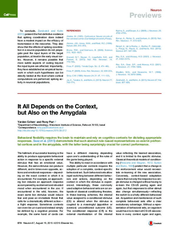 (PDF) It All Depends on the Context, but Also on the Amygdala | Yarden ...