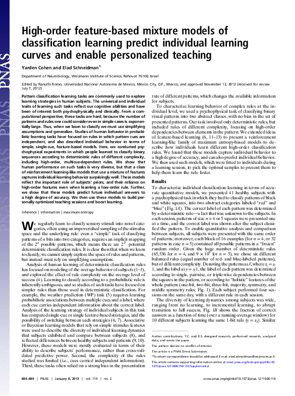Pdf High Order Feature Based Mixture Models Of Classification Learning Predict Individual