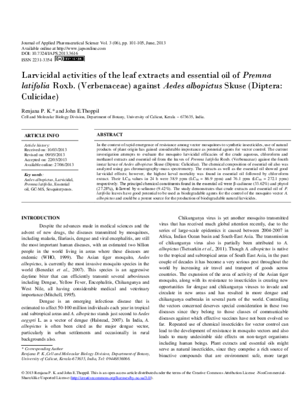 (PDF) Larvicidal activities of the leaf extracts and essential oil of Premna latifolia Roxb ...