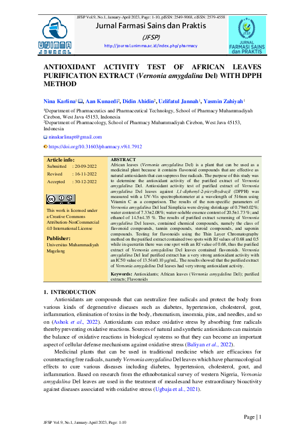 (PDF) ANTIOXIDANT ACTIVITY TEST OF AFRICAN LEAVES PURIFICATION EXTRACT ...