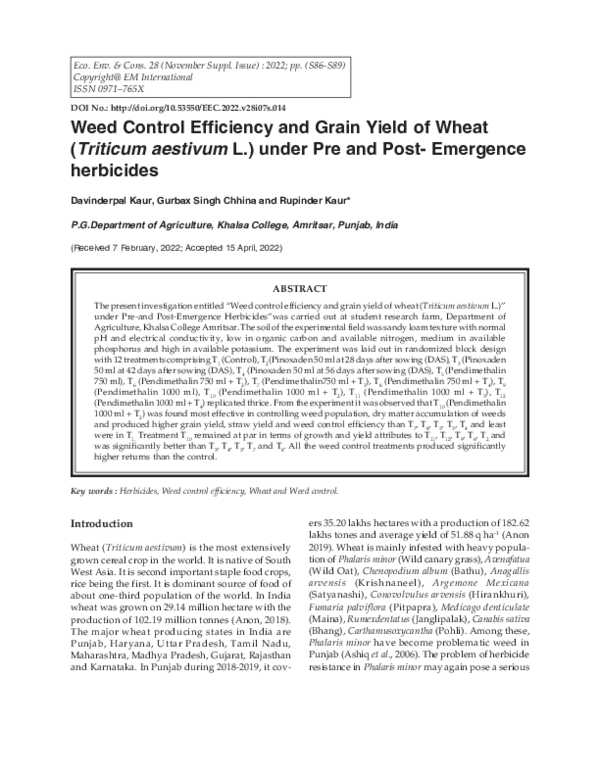 (PDF) Weed Control Efficiency and Grain Yield of Wheat (Triticum ...