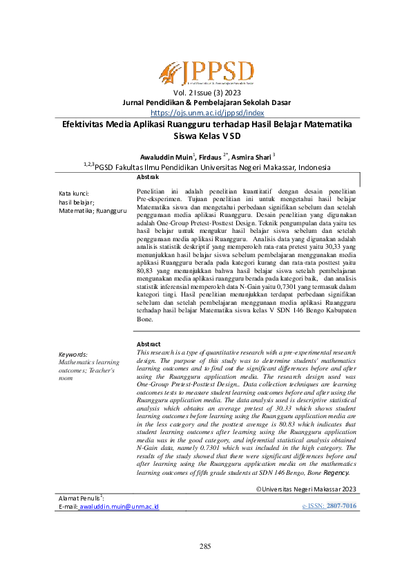 (PDF) Efektivitas Media Aplikasi Ruangguru terhadap Hasil Belajar Matematika Siswa Kelas V SDN ...