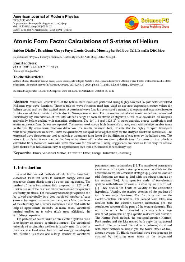 (PDF) Atomic Form Factor Calculations of S-states of Helium