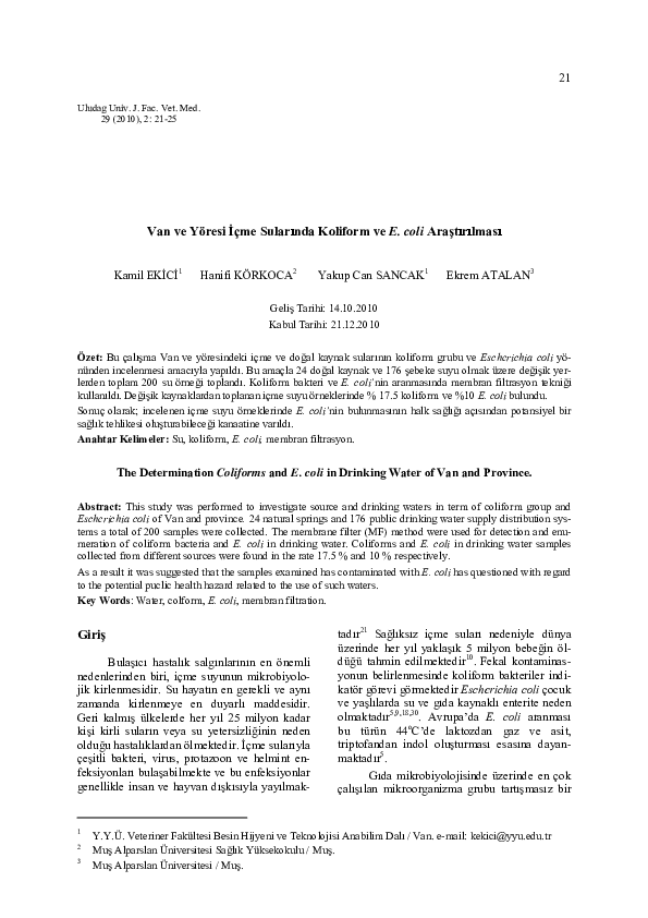(PDF) The Determination Coliforms and E. coli in Drinking Water of Van and Province | Ekrem ...
