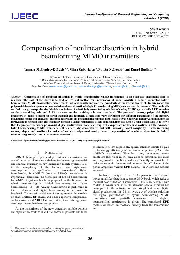 (PDF) Compensation of nonlinear distortion in hybrid beamforming MIMO transmitters