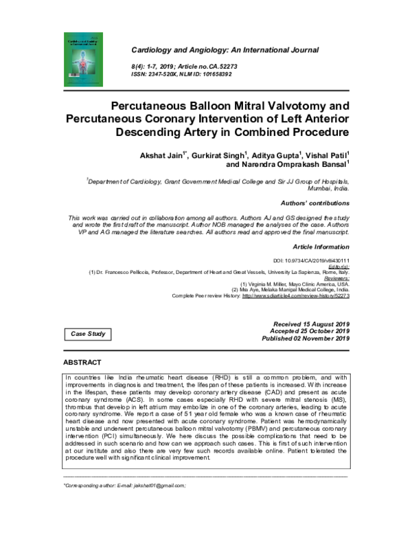 (PDF) Percutaneous Balloon Mitral Valvotomy and Percutaneous Coronary ...