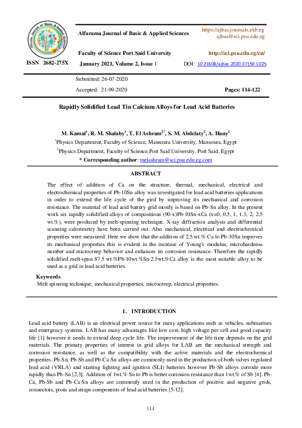 (PDF) Rapidly Solidified Lead Tin Calcium Alloys for Lead Acid Batteries