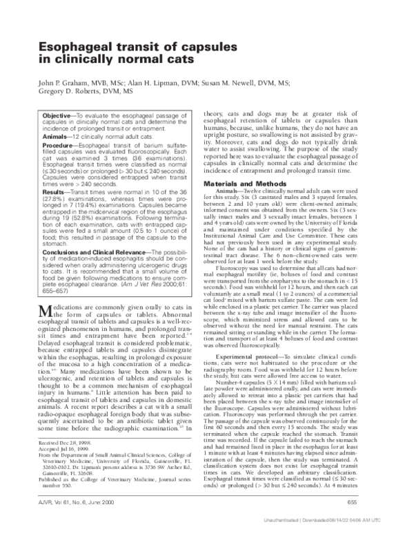 (PDF) Esophageal transit of capsules in clinically normal cats