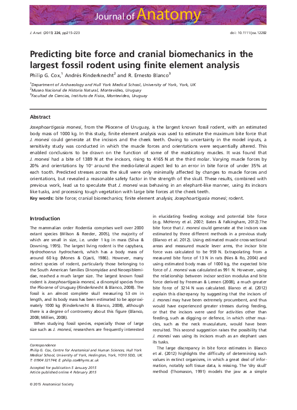 (PDF) Predicting bite force and cranial biomechanics in the largest ...