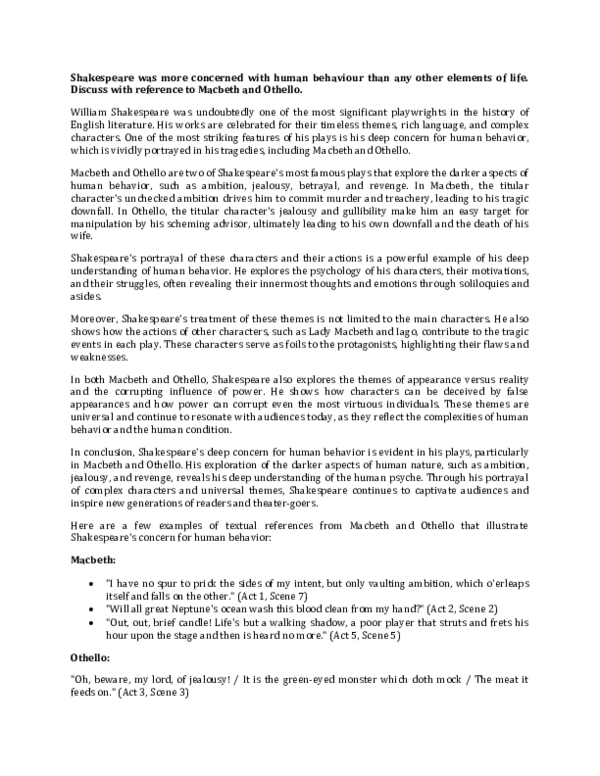 (DOC) Shakespeare was more concerned with human behaviour than any ...