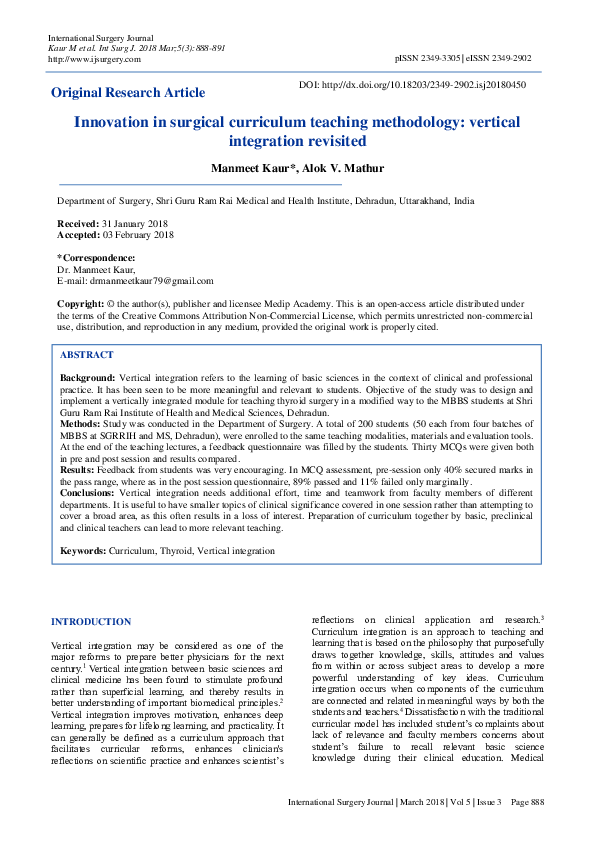 (PDF) Innovation in surgical curriculum teaching methodology: vertical ...