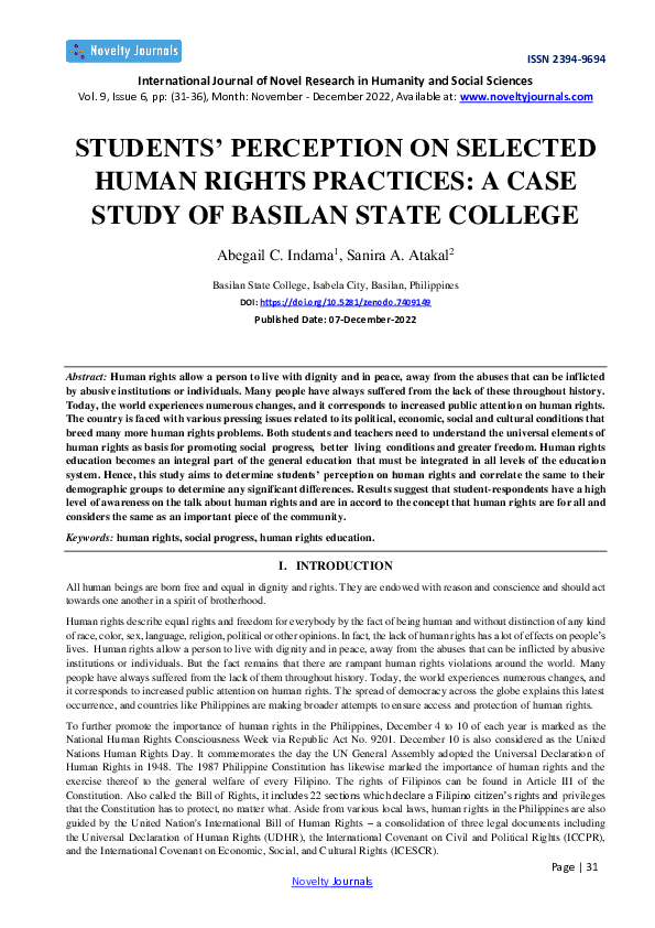 (PDF) Students' Perception on Selected Human Rights Practices: A Case ...