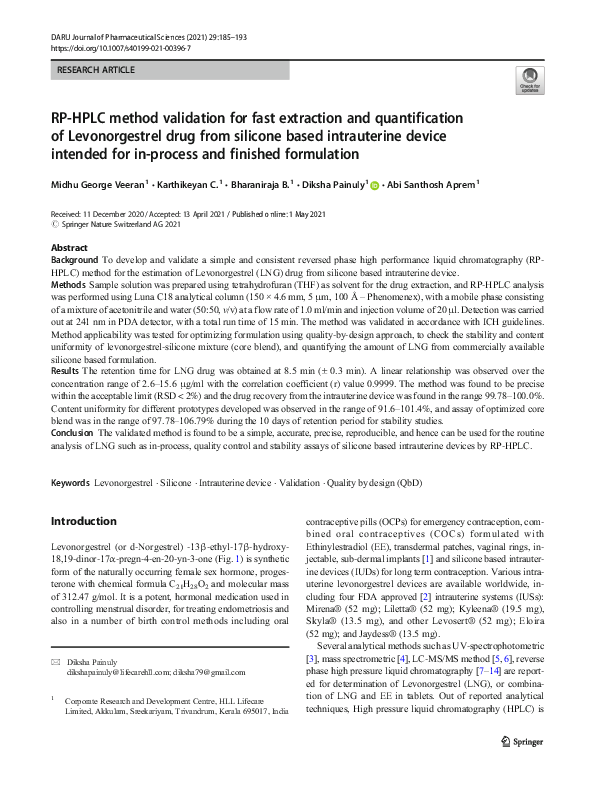 (PDF) RP-HPLC method validation for fast extraction and quantification of Levonorgestrel drug ...