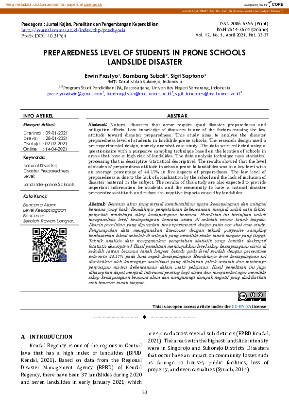 (PDF) Preparedness Level of Students in Prone Schools Landslide Disaster