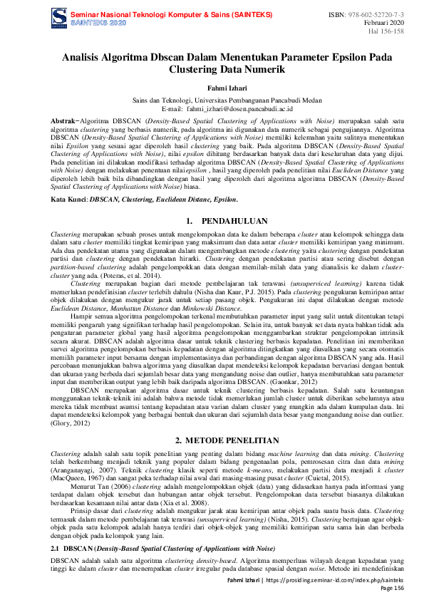 (PDF) Analisis Algoritma Dbscan Dalam Menentukan Parameter Epsilon Pada ... (PDF) Analisis Algoritma Dbscan Dalam Menentukan Parameter Epsilon Pada ...