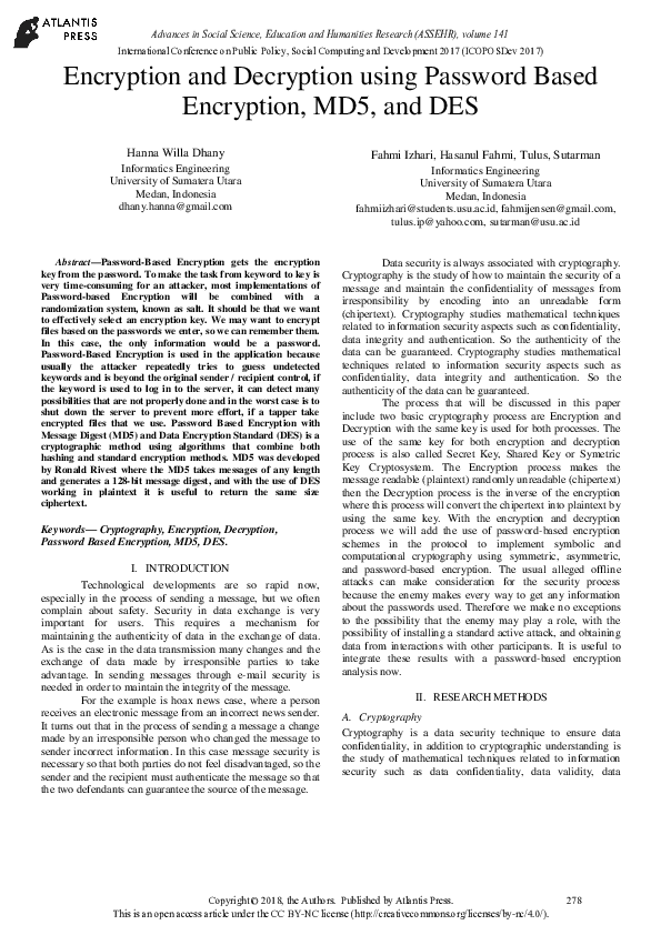 (PDF) Encryption and Decryption using Password Based Encryption, MD5, and DES