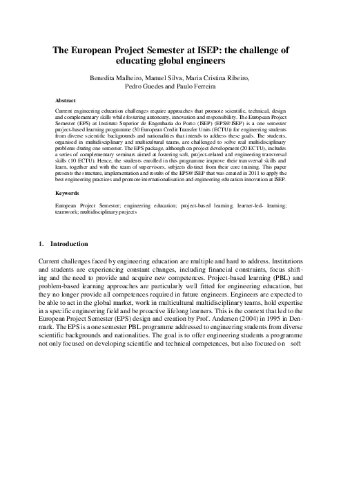 (PDF) The European Project Semester at ISEP: the challenge of educating global engineers