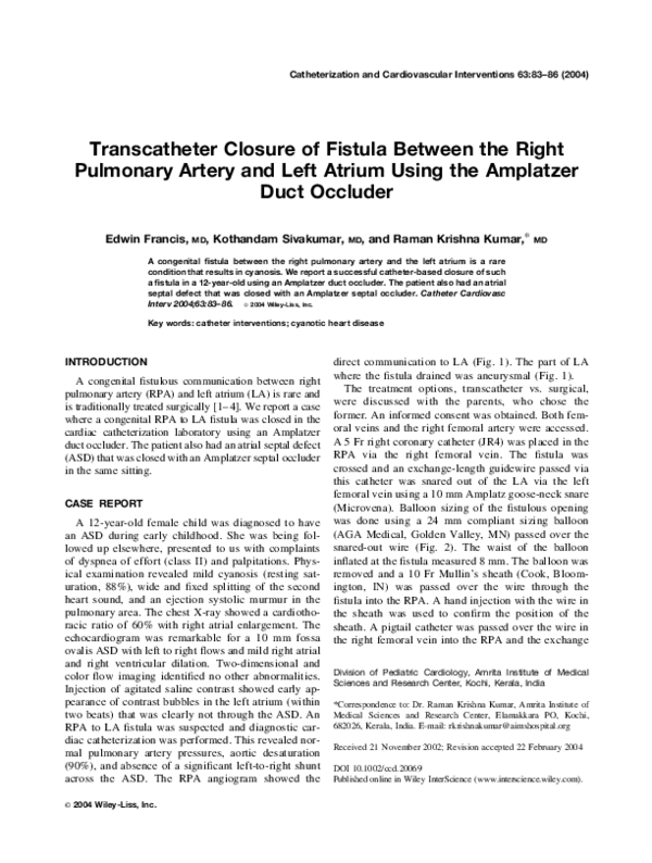(PDF) Transcatheter closure of fistula between the right pulmonary ...