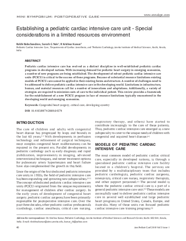 (PDF) Establishing a pediatric cardiac intensive care unit - Special ...