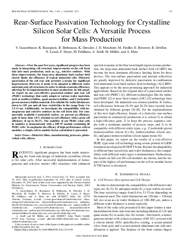 (PDF) Rear-Surface Passivation Technology for Crystalline Silicon Solar Cells: A Versatile ...
