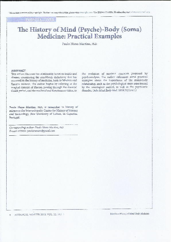 (PDF) The History of Mind (Psyche)-Body (Soma) Medicine: Practical Examples
