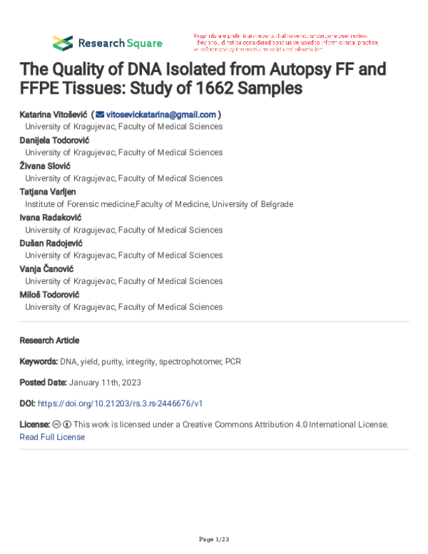 Pdf The Quality Of Dna Isolated From Autopsy Ff And Ffpe Tissues