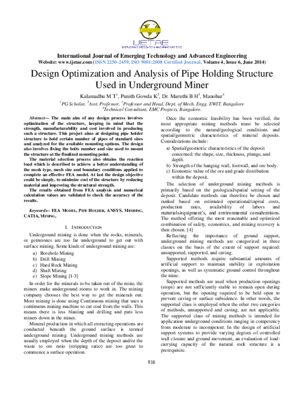 (PDF) Design Optimization and Analysis of Pipe Holding Structure Used in Underground Miner
