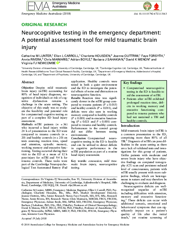 (PDF) Neurocognitive testing in the emergency department: A potential ...