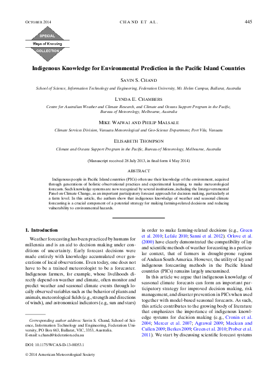 (PDF) Indigenous Knowledge for Environmental Prediction in the Pacific ...