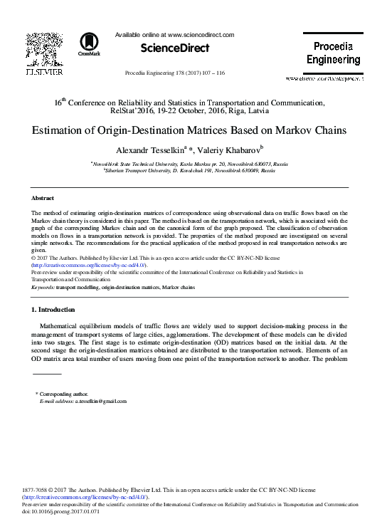 Pdf Estimation Of Origin Destination Matrices Based On Markov Chains