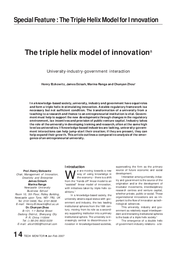 (PDF) The Triple Helix Model for Innovation: The University-industry ...