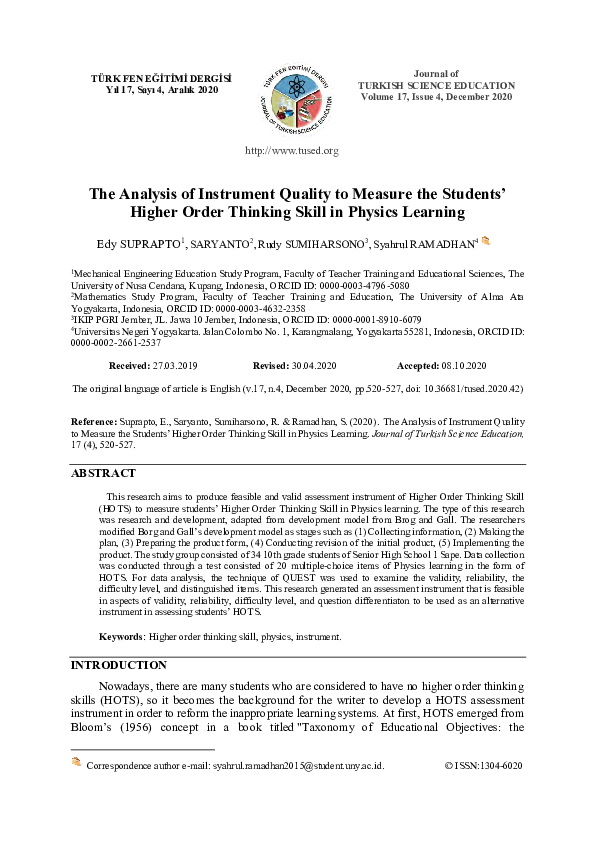 (PDF) Validating a HOTS Assessment Tool in Physics