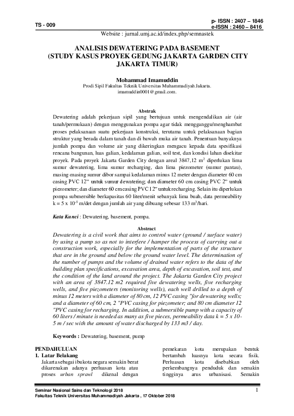 (PDF) Analisis Dewatering Pada Basement (Study Kasus Proyek Gedung Jakarta Garden City Jakarta ...