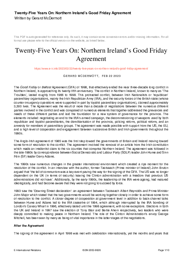 Pdf Twenty Five Years On Northern Irelands Good Friday Agreement