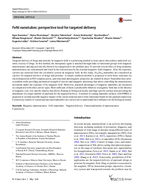 (PDF) FeNi nanotubes: perspective tool for targeted delivery