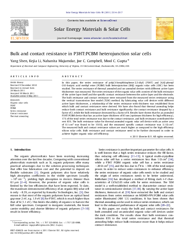(PDF) Bulk and contact resistance in P3HT:PCBM heterojunction solar cells