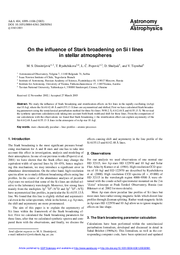 (PDF) On the influence of Stark broadening on Si I lines in stellar ...