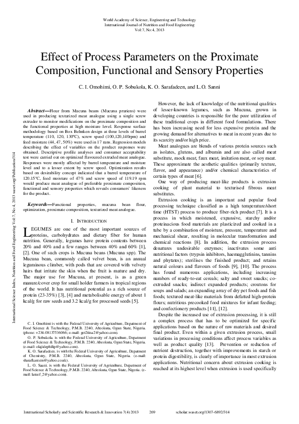 (PDF) Effect Of Process Parameters On The Proximate Composition, Functional And Sensory Properties