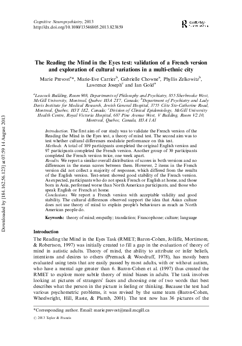 (PDF) The Reading the Mind in the Eyes test: validation of a French ... (PDF) The Reading the Mind in the Eyes test: validation of a French ...