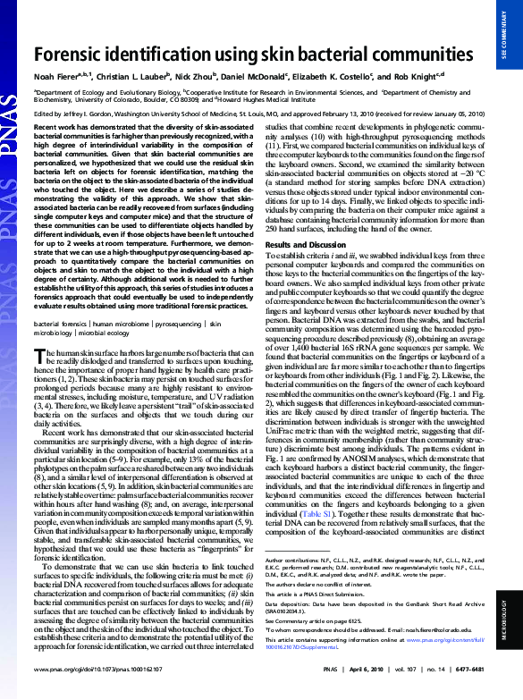 (PDF) Forensic identification using skin bacterial communities