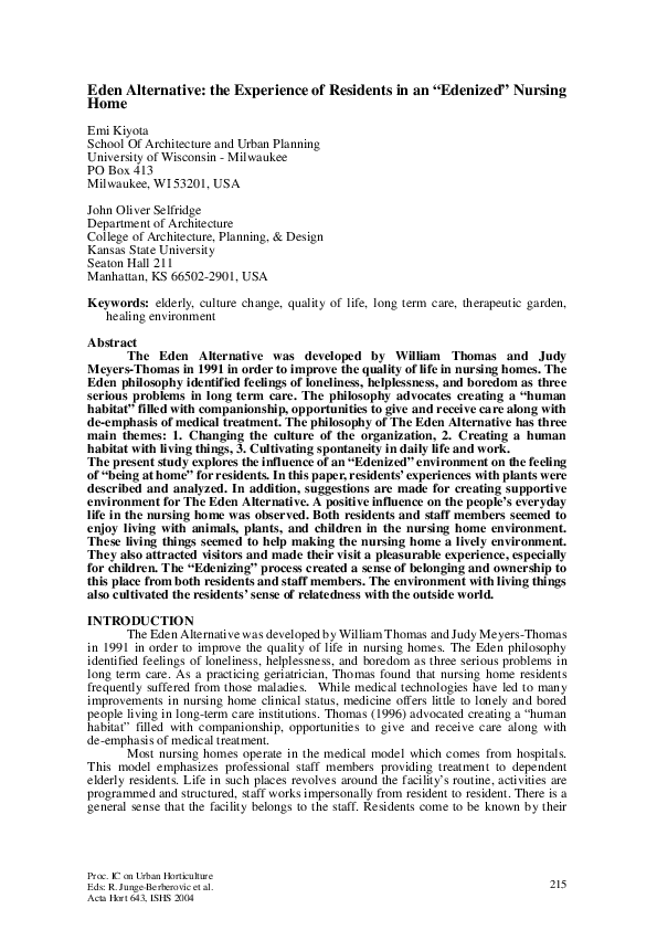 (PDF) Eden Alternative: The Experience of Residents in an "Edenized ...