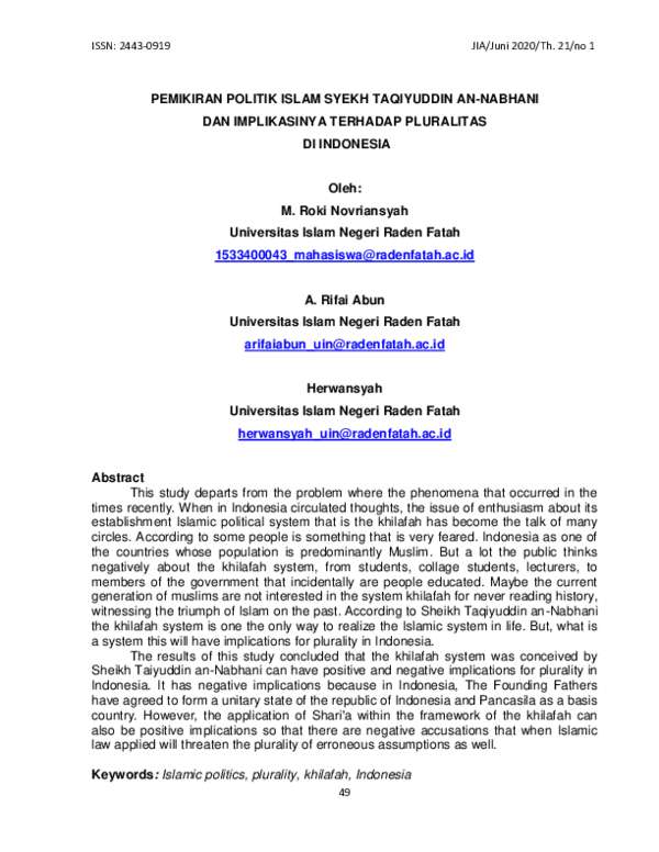 (PDF) Pemikiran Politik Islam Syekh Taqiyuddin An-Nabhani Dan Implikasinya Terhadap Pluralitas ...