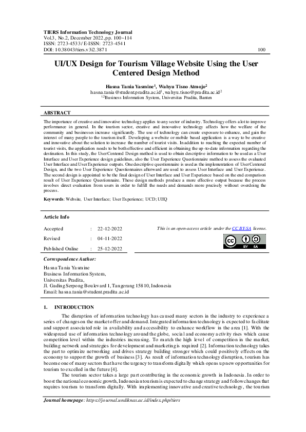 Pdf Ui Ux Design For Tourism Village Website Using The User Centered Design Method