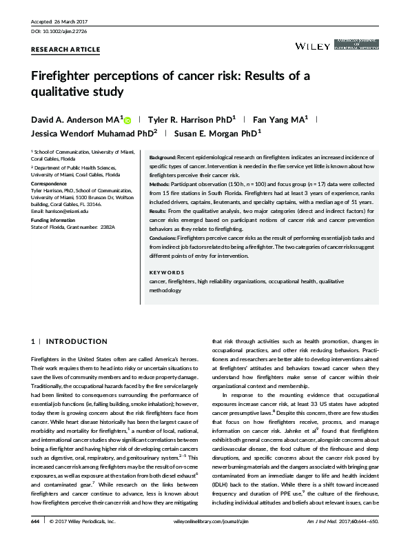 (PDF) Firefighter perceptions of cancer risk: Results of a qualitative ...