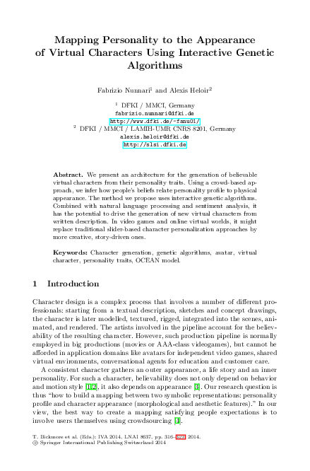 Pdf Mapping Personality To The Appearance Of Virtual Characters Using Interactive Genetic