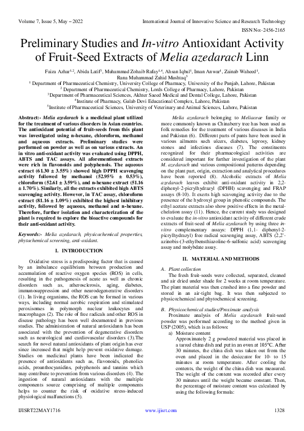 (PDF) Preliminary Studies and In-vitro Antioxidant Activity of Fruit-Seed Extracts of Melia ...