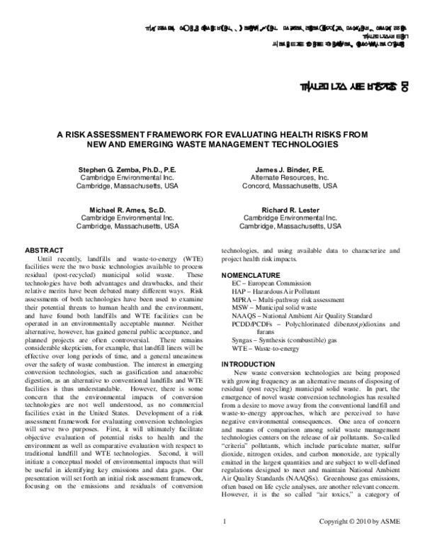 (PDF) A Risk Assessment Framework for Evaluating Health Risks From New ...