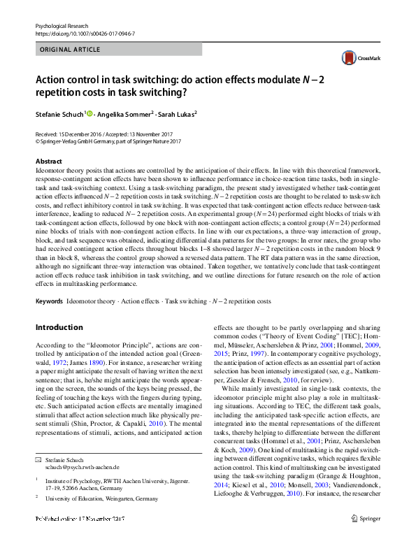 (PDF) Action control in task switching: do action effects modulate N − 2 repetition costs in ...