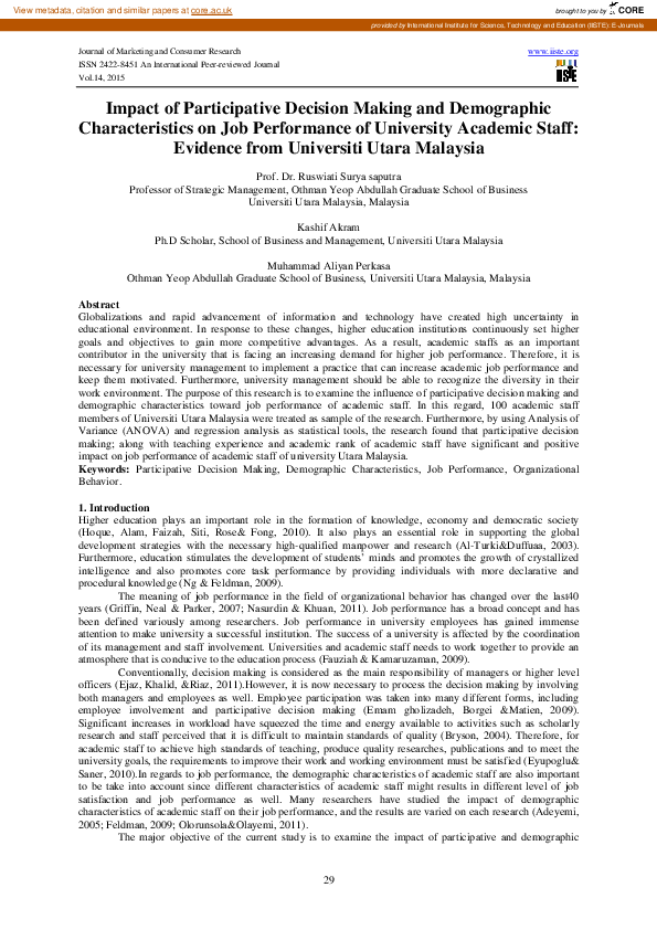(PDF) Impact of Participative Decision Making and Demographic Characteristics on Job Performance ...