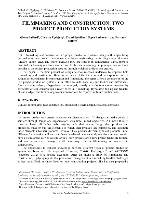 (PDF) Filmmaking and Construction: Two Project Production Systems